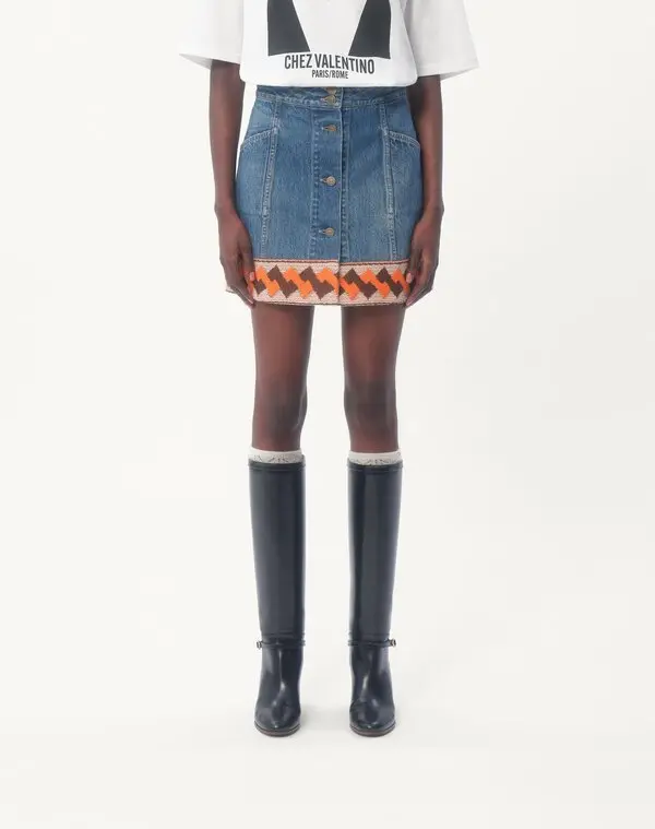 Valentino Garavani Jacquard Trim Denim Skirt