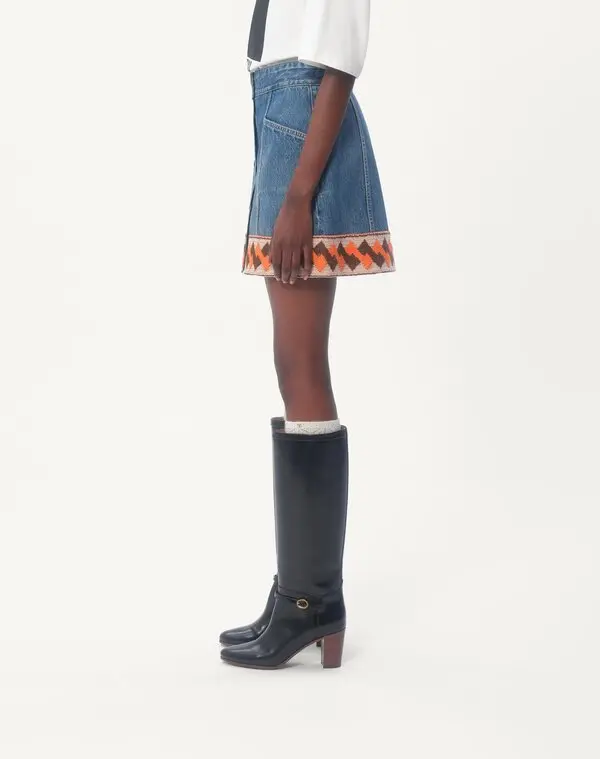 Valentino Garavani Jacquard Trim Denim Skirt