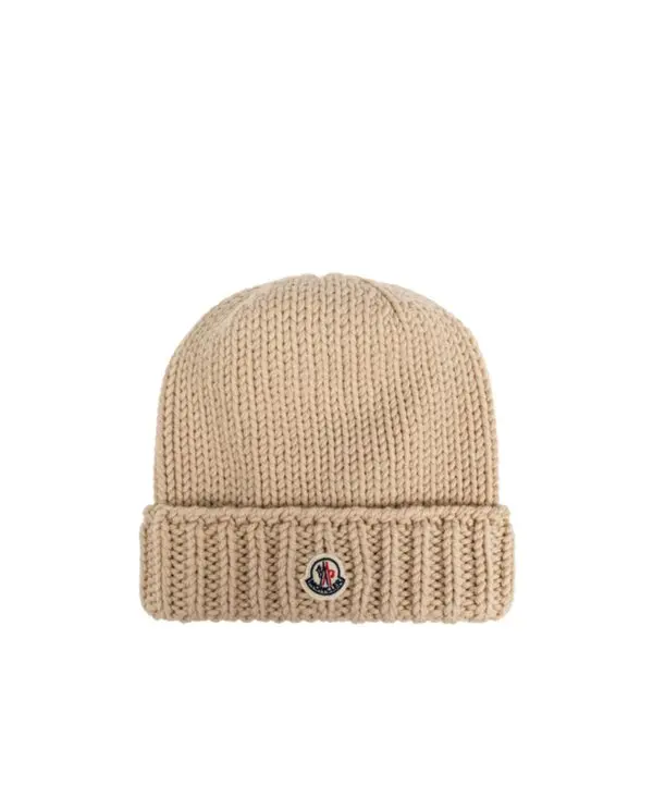 Moncler Logo Patch Ribbed Beanie - Beige