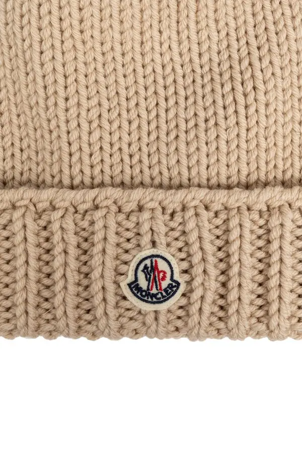 Moncler Logo Patch Ribbed Beanie - Beige