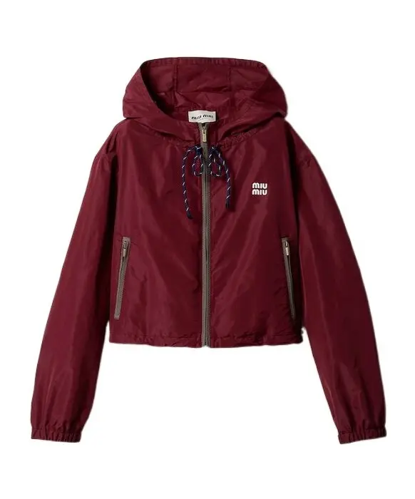 Miu Miu Logo Rubberised Zipped Hooded Jacket - Brown