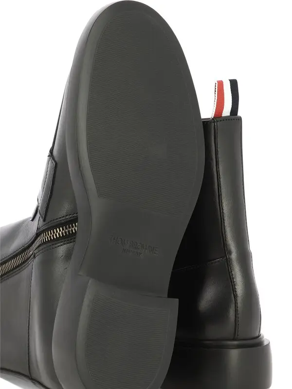 Thom Browne Leather Ankle Boots With Side Zippers And Stripe Details