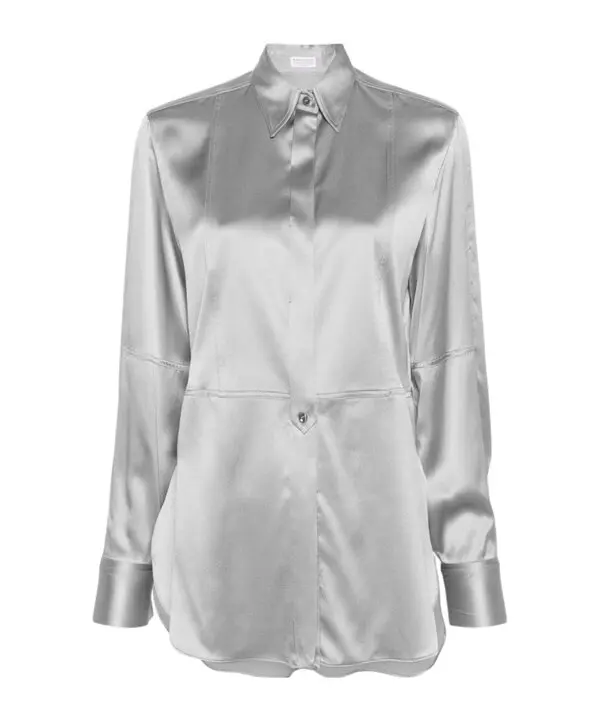 Brunello Cucinelli Long-sleeve Satin Shirt With Classic Collar - Gray