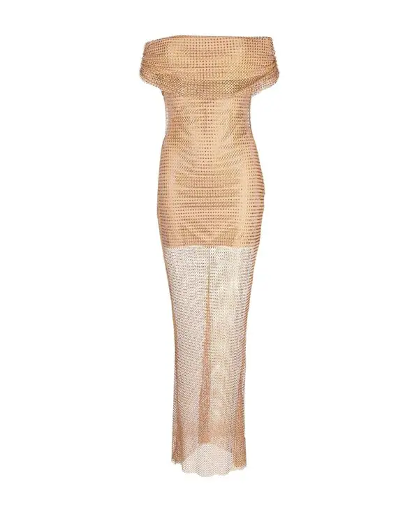 SELF-PORTRAIT Embellished Off-shoulder Fishnet Maxi Dress
