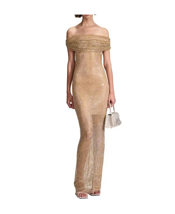 SELF-PORTRAIT Embellished Off-shoulder Fishnet Maxi Dress