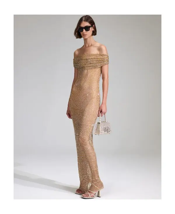 SELF-PORTRAIT Embellished Off-shoulder Fishnet Maxi Dress