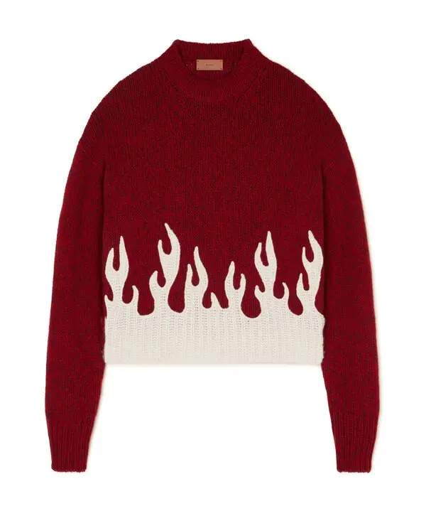 Alanui Crew Neck Wool-cashmere Blend Jumper With Flame Embroidery - Auburn/white