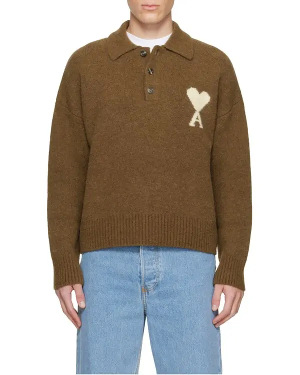 AMI Paris De Coeur Intarsia Knitted Jumper - Brown