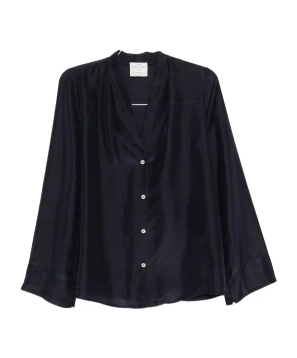 FORTE_FORTE Pleated V-neck Long Sleeve Shirt - Black