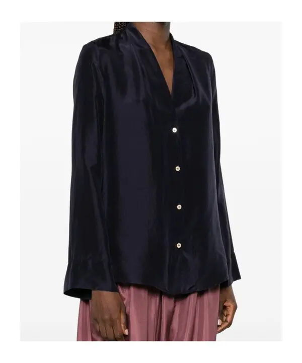 FORTE_FORTE Pleated V-neck Long Sleeve Shirt - Black