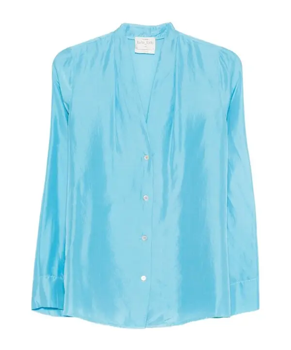 FORTE_FORTE Pleated V-neck Long Sleeve Shirt - Blue
