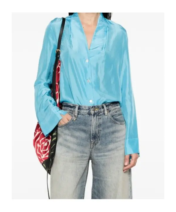 FORTE_FORTE Pleated V-neck Long Sleeve Shirt