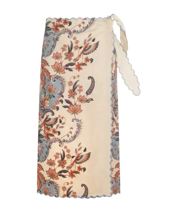 Farm Rio Scalloped Floral Wrap Midi Skirt - Cream