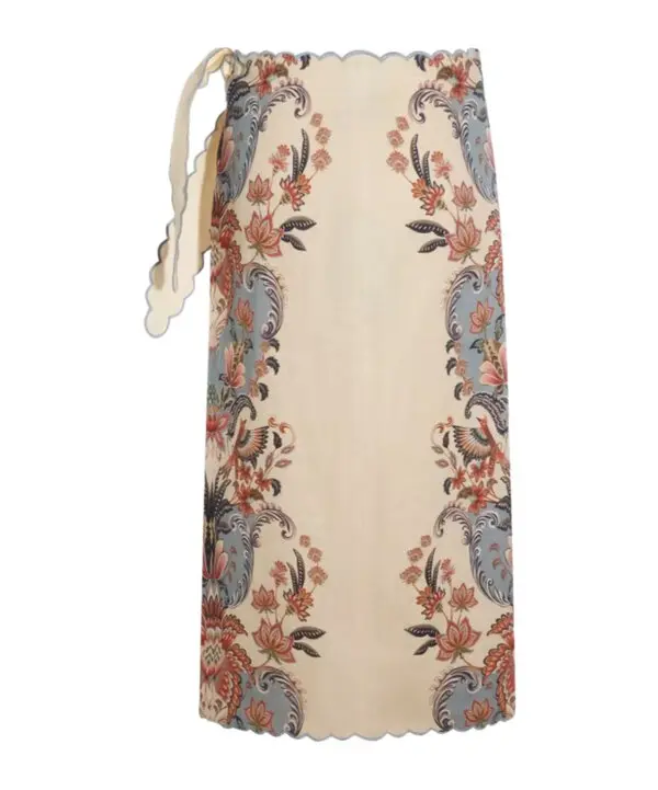 Farm Rio Scalloped Floral Wrap Midi Skirt