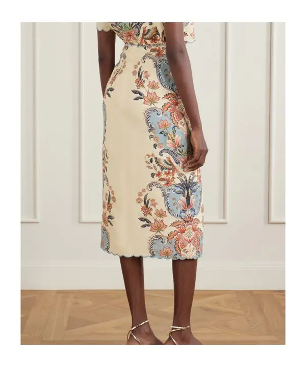 Farm Rio Scalloped Floral Wrap Midi Skirt