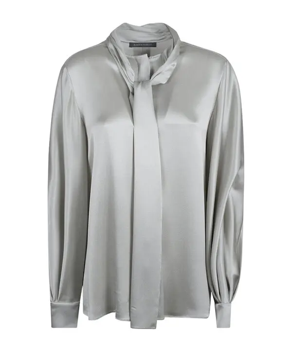 Alberta Ferretti Tie-neck Long-sleeve Top With Lace Neckline