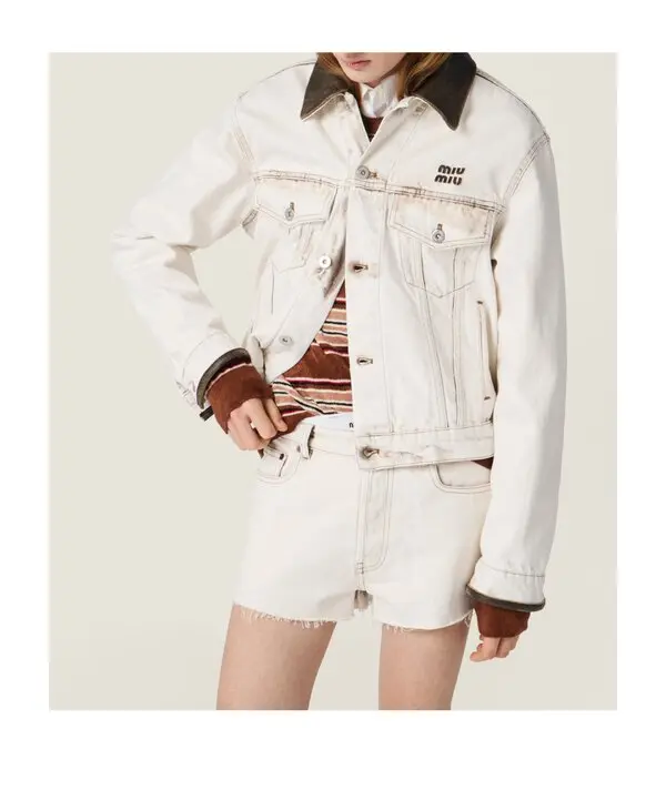 Miu Miu Leather Collar Button-up Denim Jacket