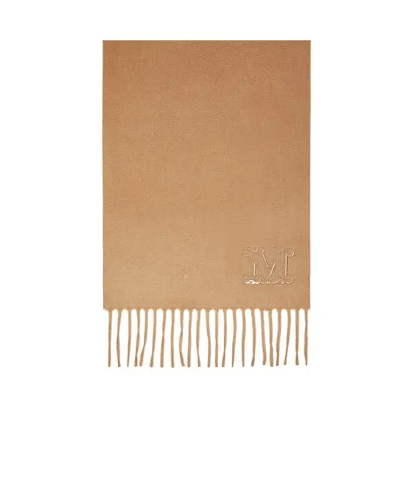 Max Mara Logo Embroidered Fringed Edge Scarf - Camel