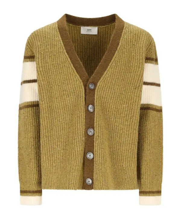 AMI Paris V-neck Cardigan With Striped Sleeves
