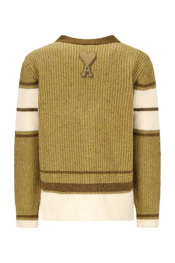 AMI Paris V-neck Cardigan With Striped Sleeves