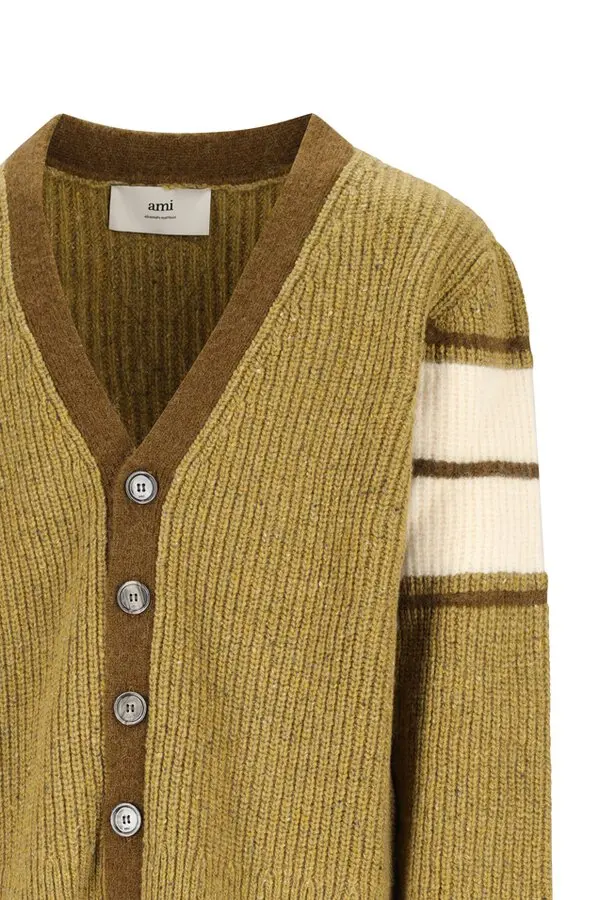 AMI Paris V-neck Cardigan With Striped Sleeves
