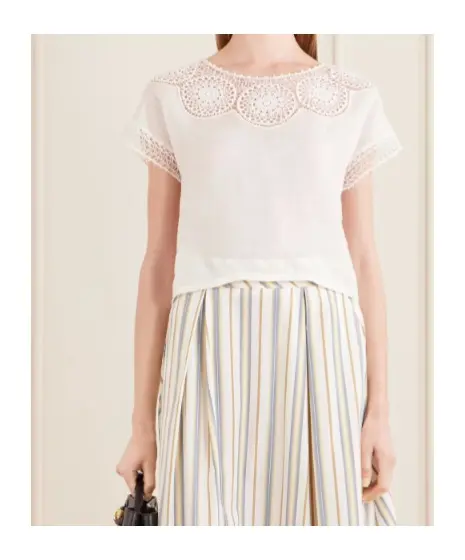 NILI LOTAN Short Sleeve Lace Trim Top - Ivory