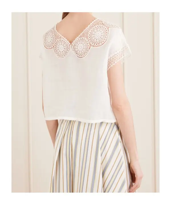 NILI LOTAN Short Sleeve Lace Trim Top - Ivory