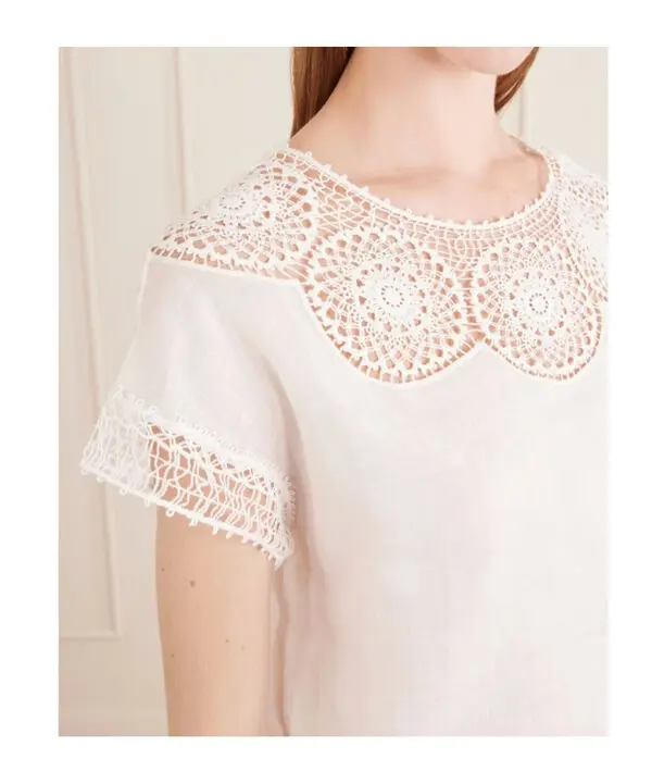 NILI LOTAN Short Sleeve Lace Trim Top - Ivory