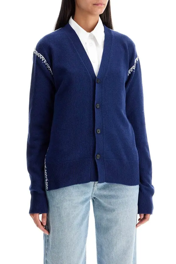 Marni Button-up Knit Cardigan With V-neck And Contrast Stitching - Blue