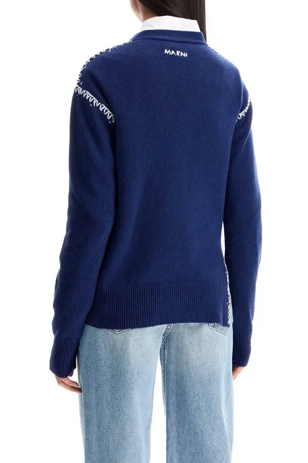 Marni Button-up Knit Cardigan With V-neck And Contrast Stitching - Blue