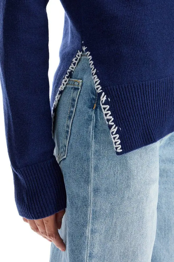 Marni Button-up Knit Cardigan With V-neck And Contrast Stitching - Blue