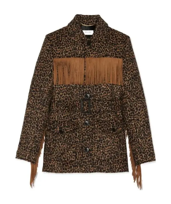 Saint Laurent Leopard Print Fringed Jacket - Black
