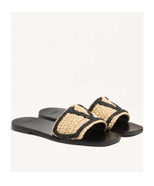 Valentino Garavani Vlogo Raffia Slip-on Sandals - Black