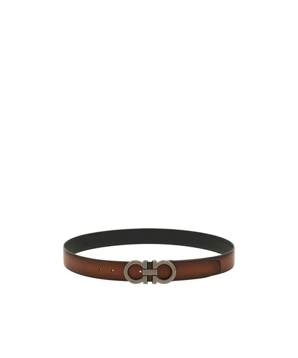 FERRAGAMO Reversible Belt With Gancini Buckle - Natural/black/dark Brown