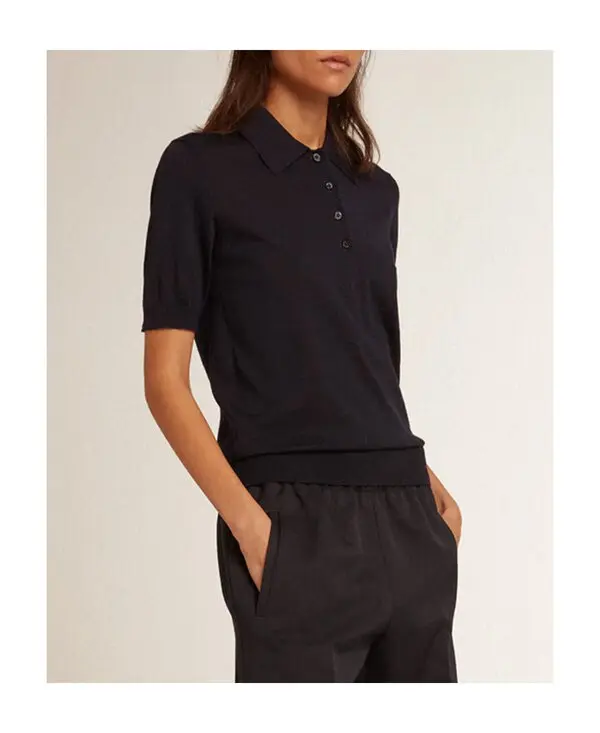 GOLDEN GOOSE Short-sleeved Knitted Polo Top With Logo Patch - Black