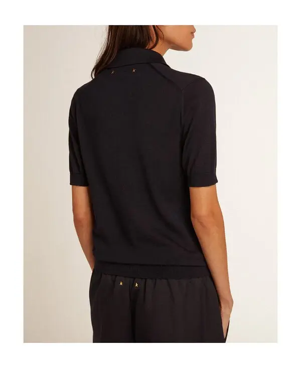 GOLDEN GOOSE Short-sleeved Knitted Polo Top With Logo Patch - Black