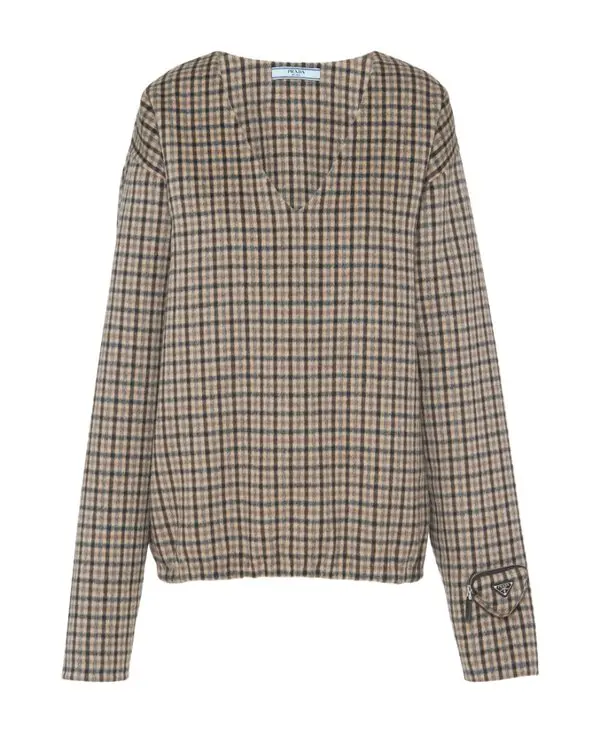 Prada V-neck Checked Pullover With Sleeve Logo Detail - Tobacco