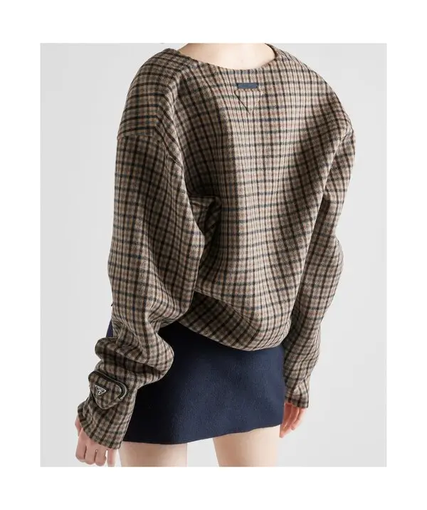 Prada V-neck Checked Pullover With Sleeve Logo Detail
