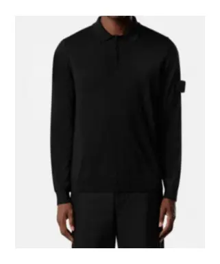 Stone Island Logo Patch Long Sleeved Polo Shirt - Black