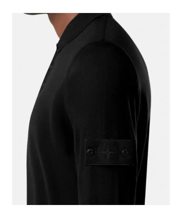 Stone Island Logo Patch Long Sleeved Polo Shirt - Black