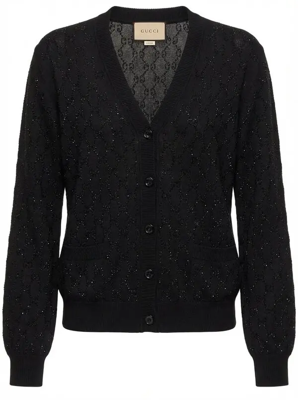 Gucci V-neck Knit Cardigan With Gg Crystal Embroidery - Black