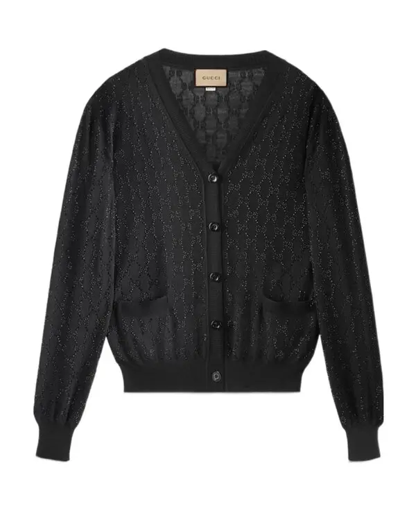 Gucci V-neck Knit Cardigan With Gg Crystal Embroidery