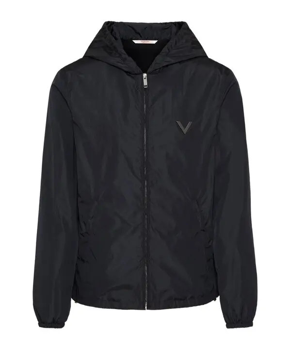 Valentino Garavani Logo Plaque Zip-up Hooded Jacket - Navy Blue