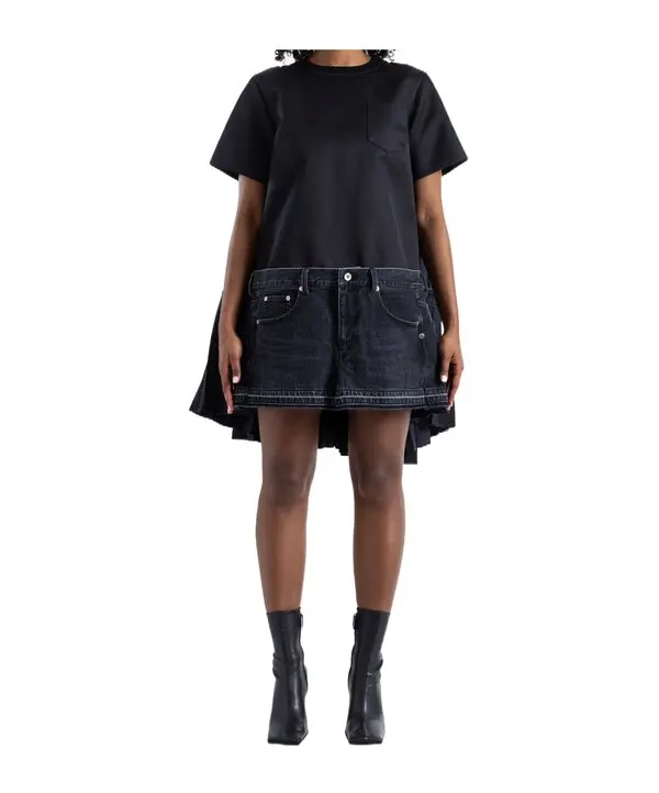 Sacai Short-sleeved Crewneck Dress With Denim Skirt Overlay - Black