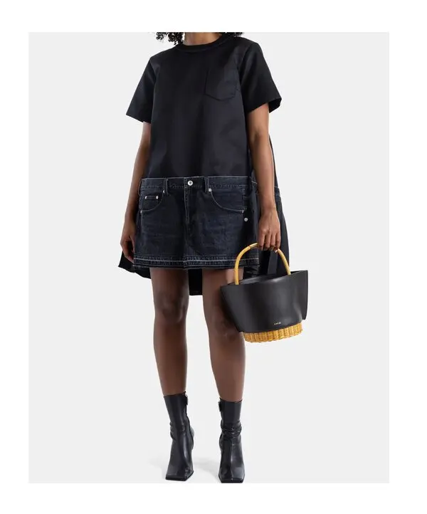 Sacai Short-sleeved Crewneck Dress With Denim Skirt Overlay - Black