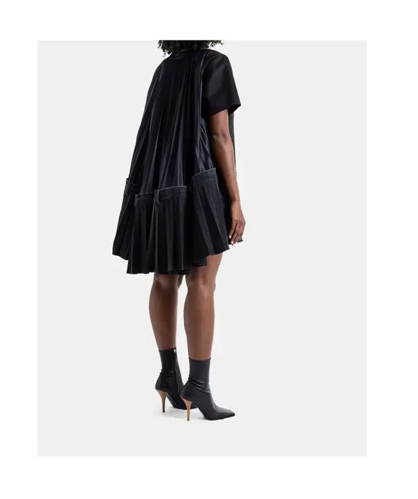Sacai Short-sleeved Crewneck Dress With Denim Skirt Overlay - Black