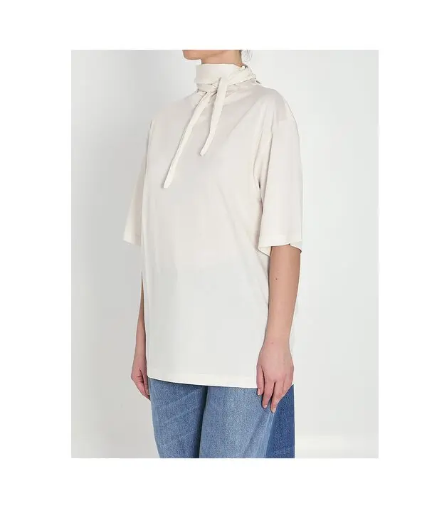 LEMAIRE Cotton T-shirt With Scarf Neck Detail - Light Cream
