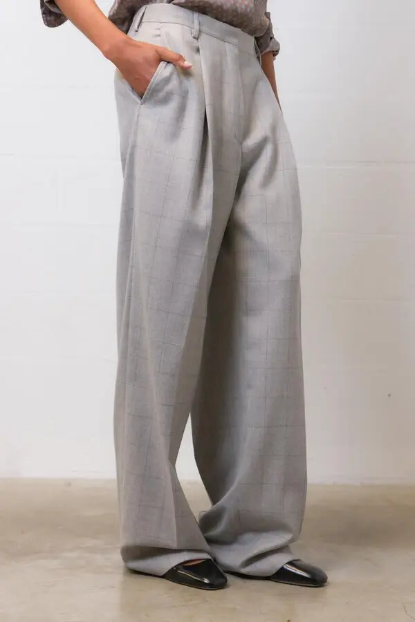 Dries Van Noten Wide Leg Plaid Trousers - Light Gray