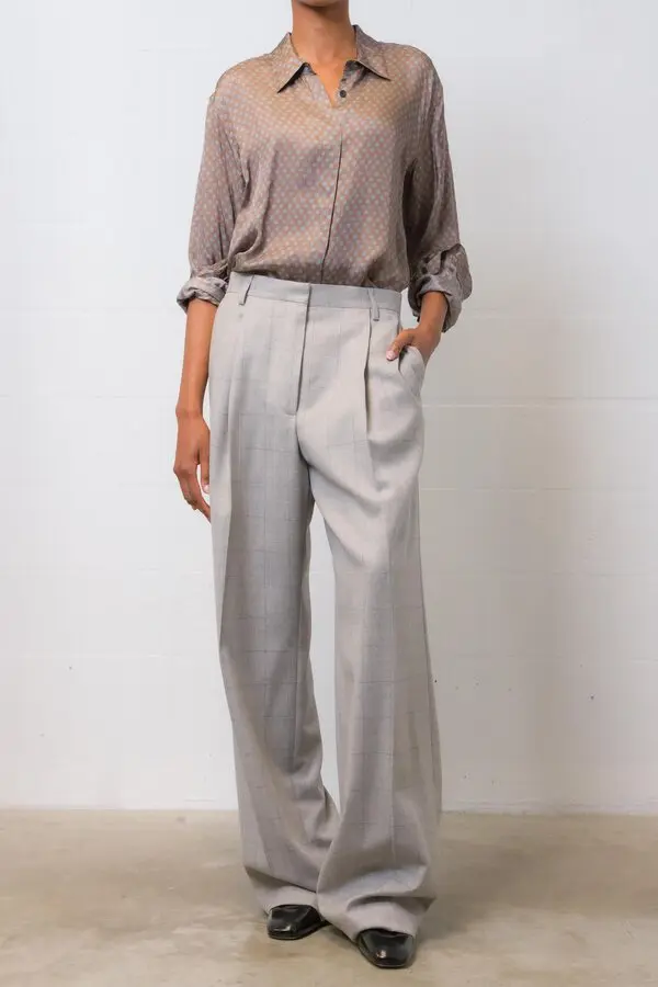 Dries Van Noten Wide Leg Plaid Trousers - Light Gray
