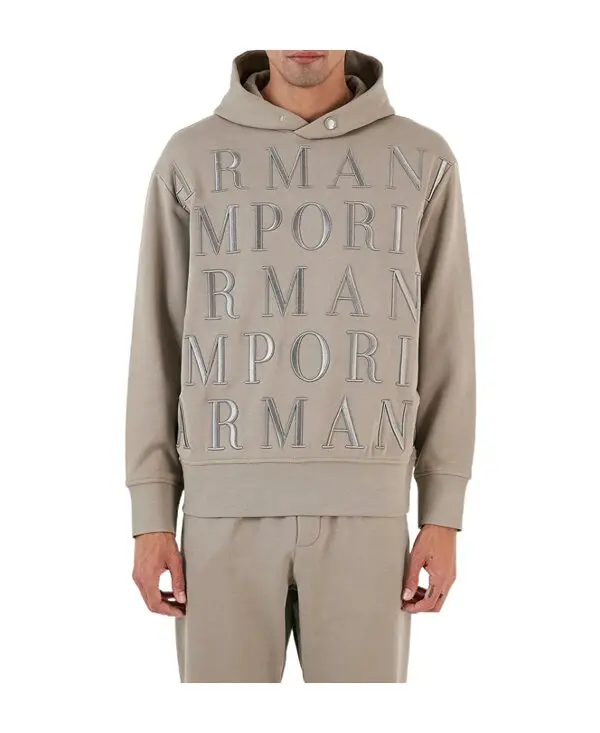 Emporio Armani Logo Patterned Hooded Sweater - Nude